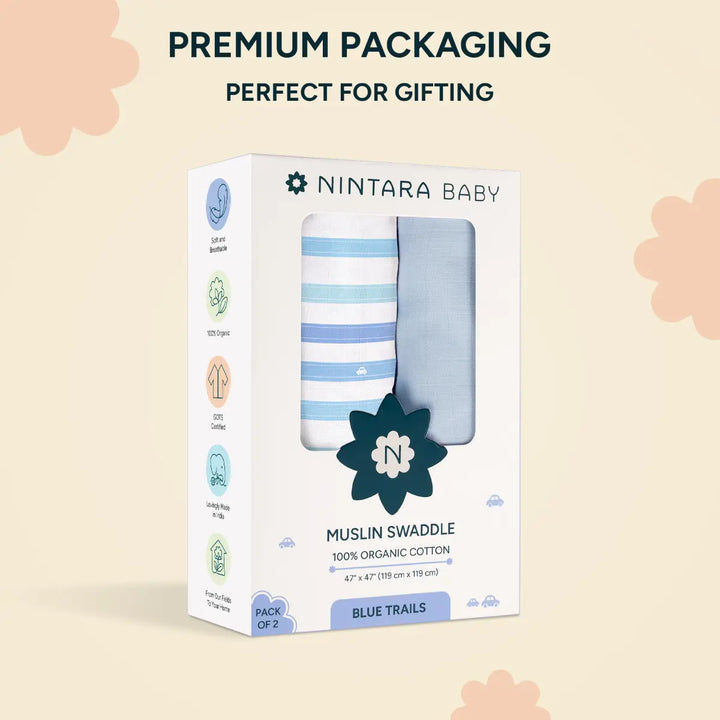 Buy Muslin Baby Swaddle Wrap Large - Blue Trails Set of 2 | 100% ...